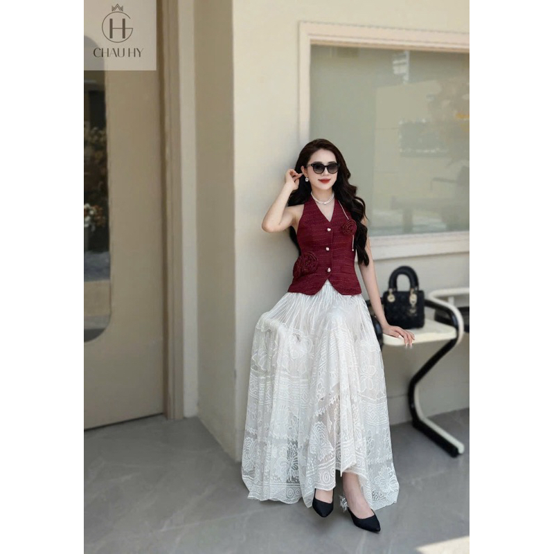 (T’achi) Set áo ghile cổ tròn đỏ đô đínb bông kèm chân váy xoè maxi trắng | Shopee Việt Nam