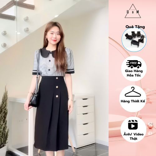 Set chân máy midi đính 3 khuy phối áo sơ mi công sở phối cổ sen không nhăn U&M (CV116+AH38 ...