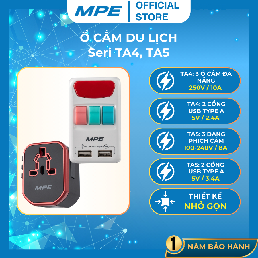 Ổ cắm du lịch MPE seri TA4/TA5, 2 cổng USB Type A, seri TA4 3 ổ cắm đa ...
