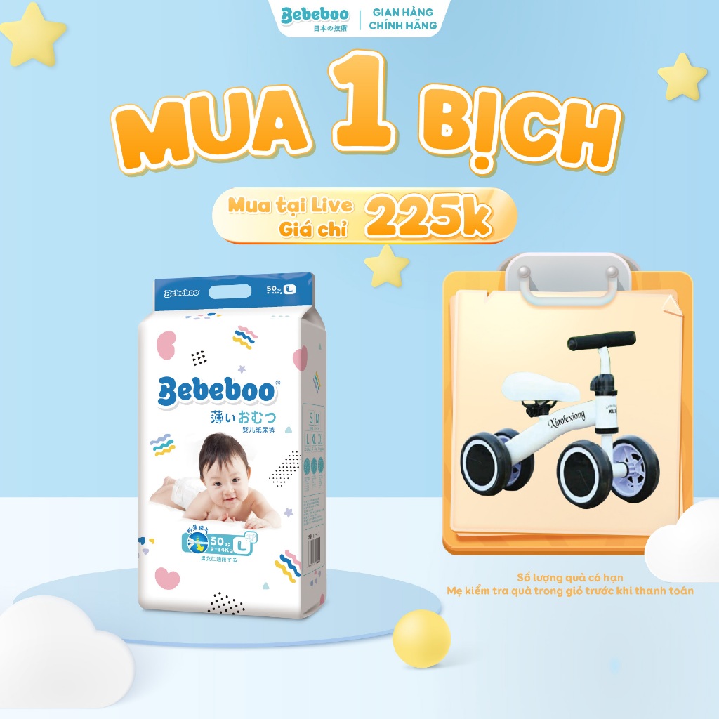 [MUA 1 BỊCH TẶNG 1 XE CHÒI CHÂN] - Tã Bỉm Dán/Quần Bebeboo Nhật Bản Chính Hãngđủ size NB/S/M/L ...