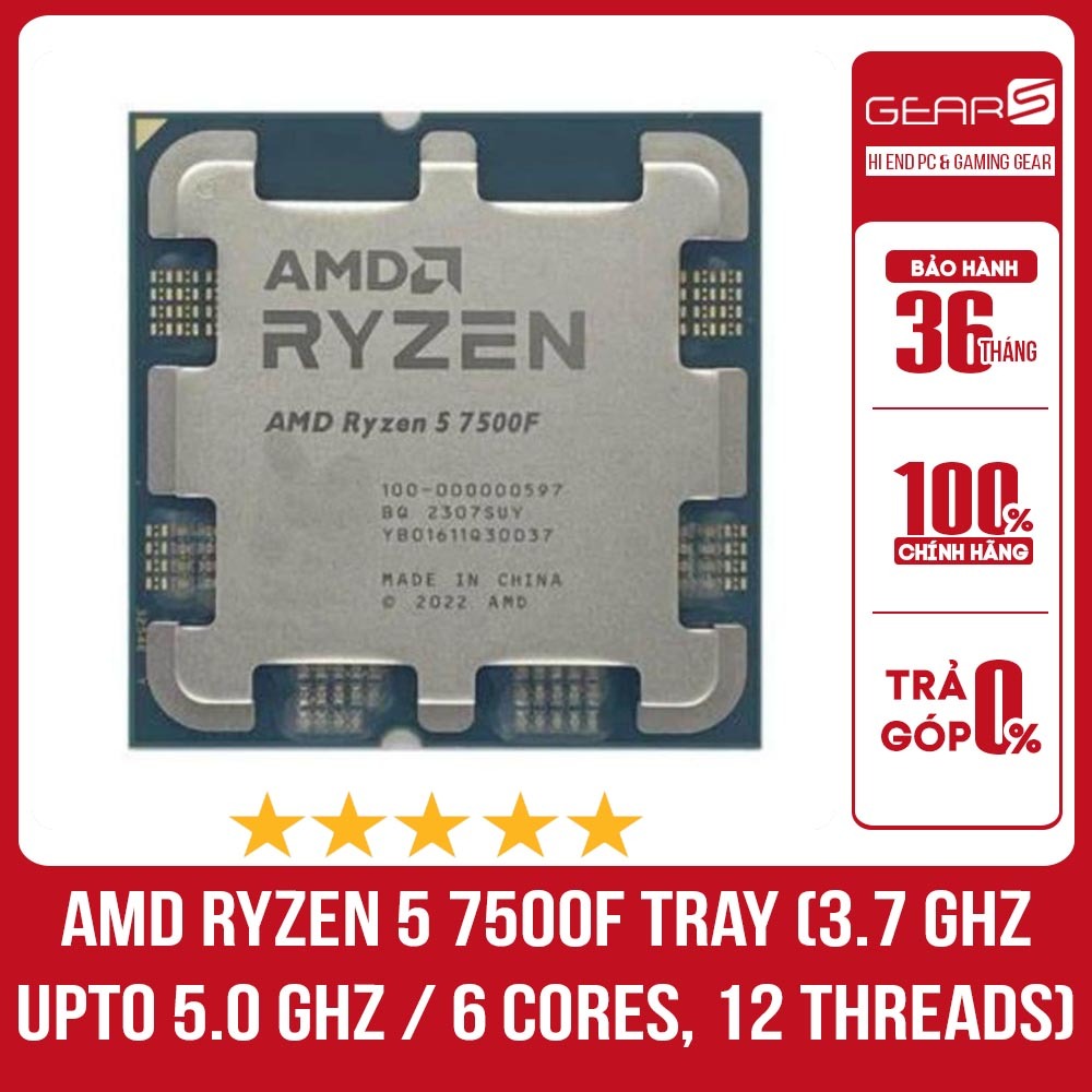 CPU AMD Ryzen 5 7500F Tray (3.7 GHz Upto 5.0 GHz /6 Cores, 12 Threads / AM5) - Bảo hành 36 tháng ...