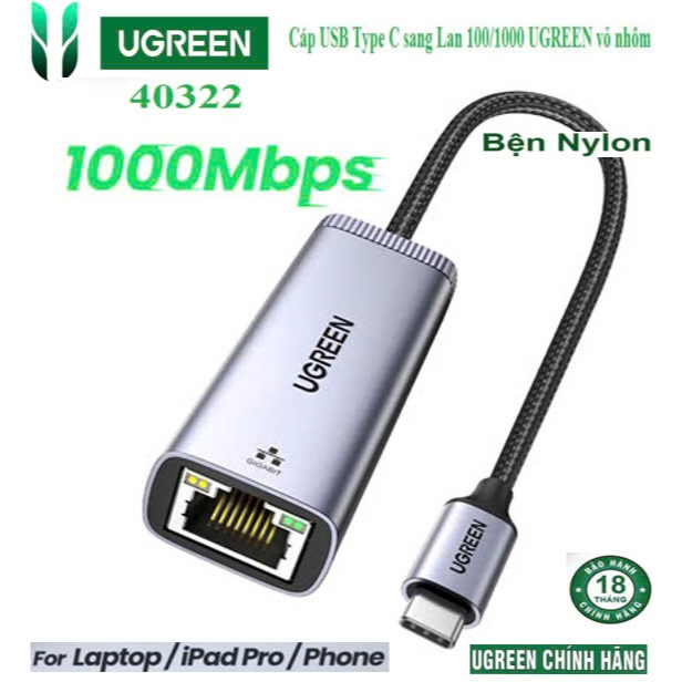 Cáp chuyển USB C to Lan 1000Mbps Ugreen 40322 CM483 (dùng Cho Laptop Smart Phone ,dây dù ...