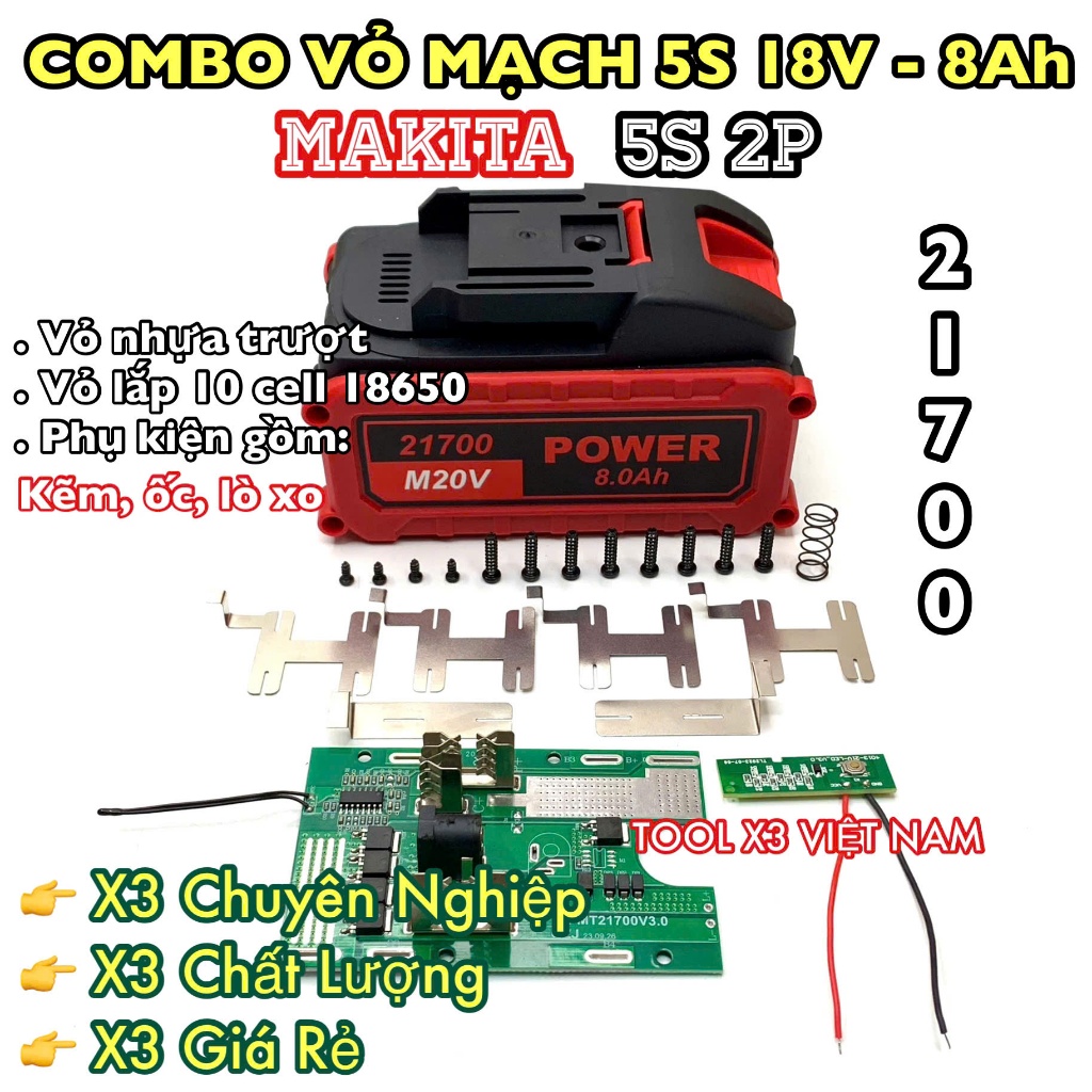 [CS217-2P] Vỏ, mạch chống sốc 21700 chân MKT phổ thông 18V 8Ah 10 Cell 21700 (ToolVN) | Shopee ...