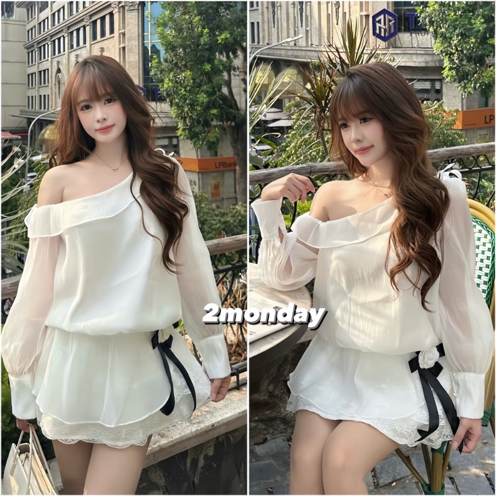 [TẶNG KÈM QUẦN/ SẴN] SET VÁY LỆCH VAI 3 CHI TIẾT DÀI TAY CHÂN VÁY VIỀN ...