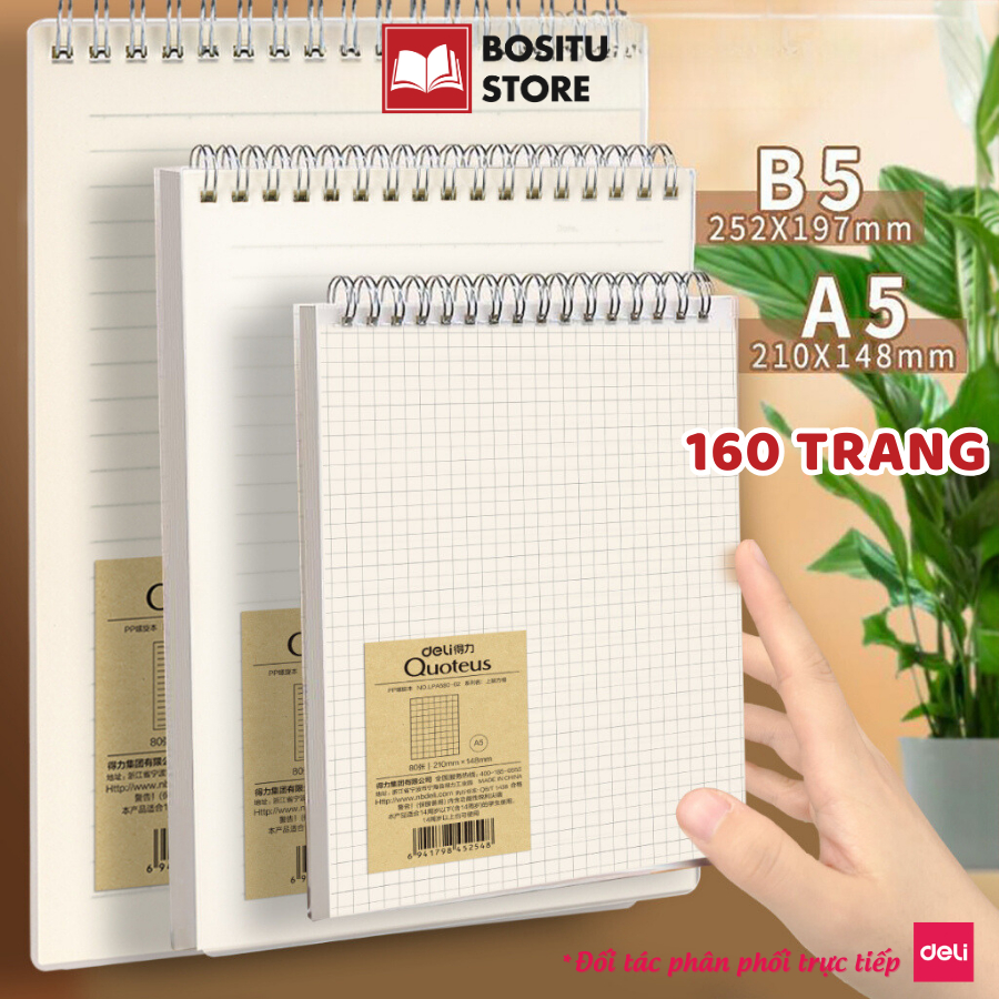 Sổ lò xo dạng dọc A5/B5 Deli 160 trang, giấy kẻ ngang, giấy kẻ ô ly ...