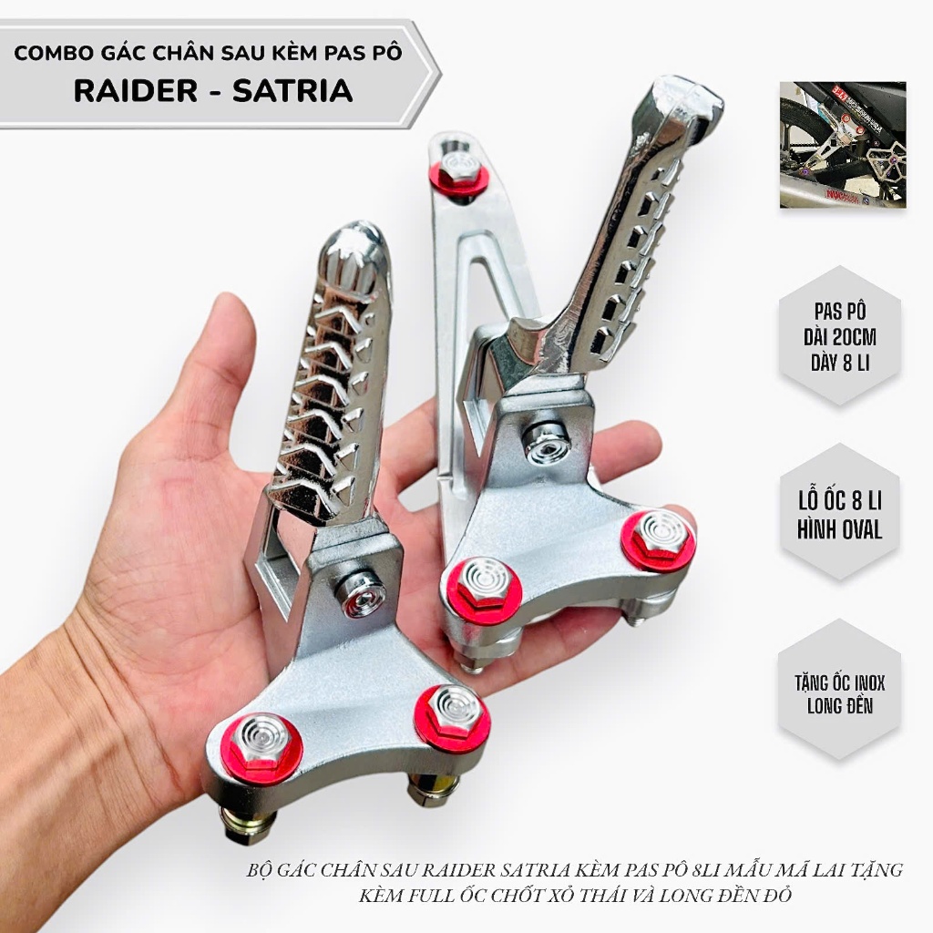 Combo gác chân sau RAIDER - SATRIA kèm pas treo pô nhôm cnc 8li mẫu mã ...