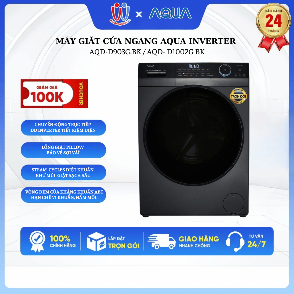 [GIAO LẮP 0Đ HN] Máy giặt lồng ngang Aqua Inverter 9Kg,10KG AQD-D903G.BK - Hàng Chính Hãng ...