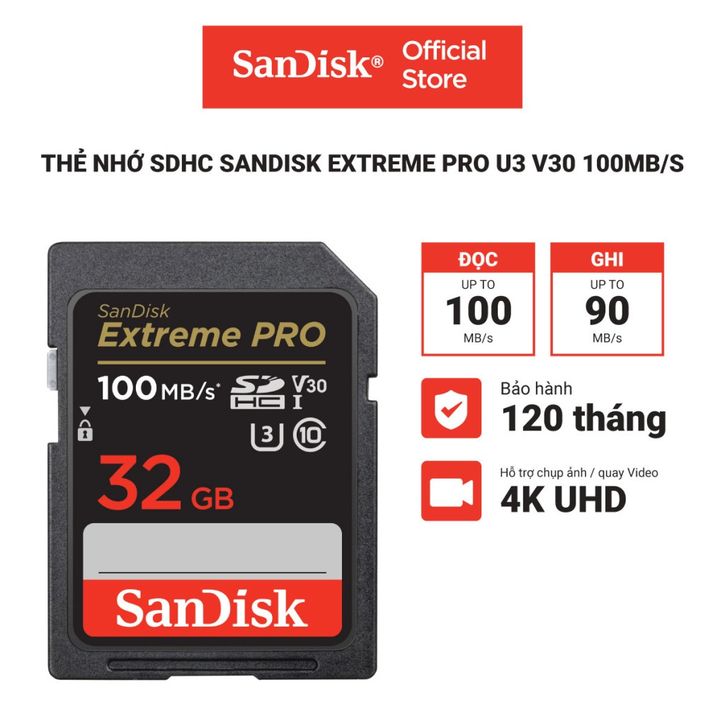 Thẻ nhớ SDHC SanDisk Extreme Pro U3 V30 32GB 100MB/s SDSDXXO-032G-GN4IN | Shopee Việt Nam