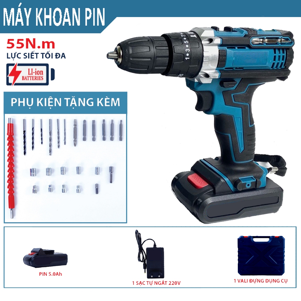 Máy Khoan PowerTools 3 chức năng, khoan tường, khoan sắt, bắt vít, kèm bộ phụ kiện 24 chi tiết ...