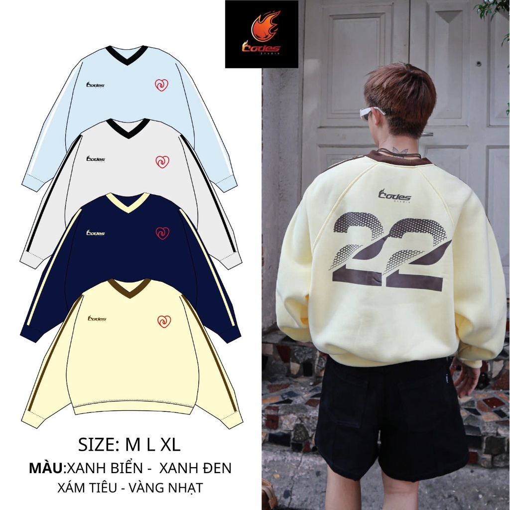 Áo Sweater form boxy Codes 22 chất nỉ bông dày dặn tay phối 2 sọc cổ ...