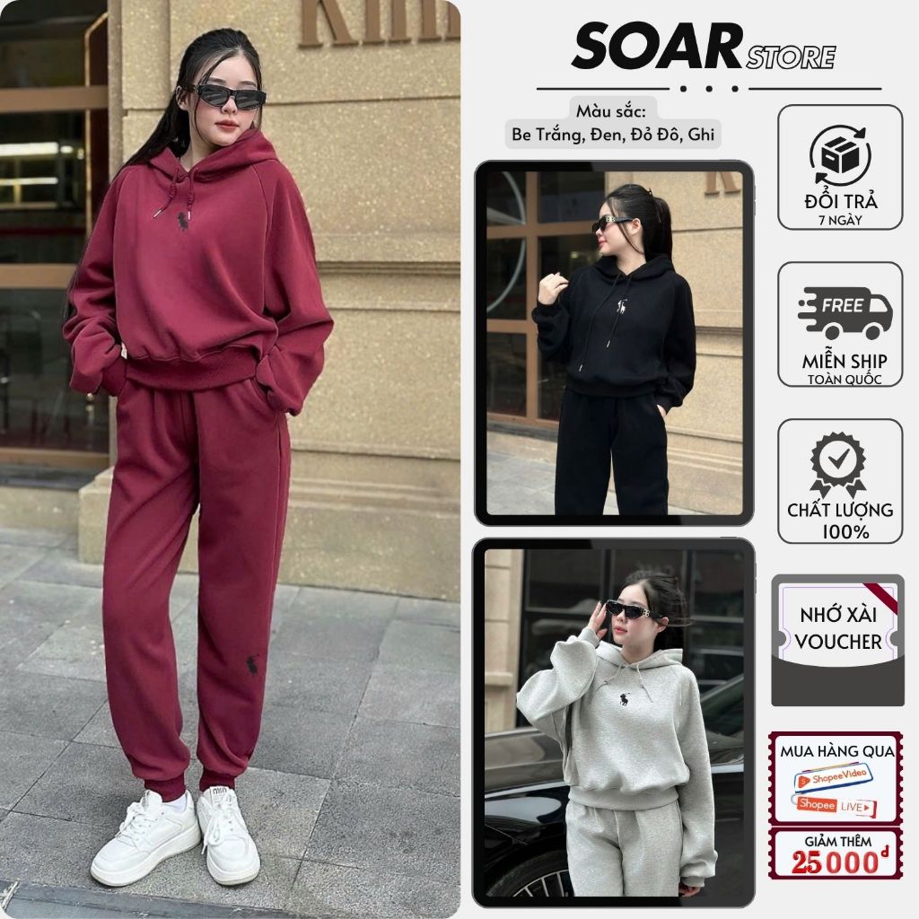 Bộ Nỉ Nữ Có Mũ Chất Vải Nỉ Bông 2 Lớp Dày Dặn Cao Cấp Thêu Hình Con Ngưạ Nổi Bật S045 | Shopee ...