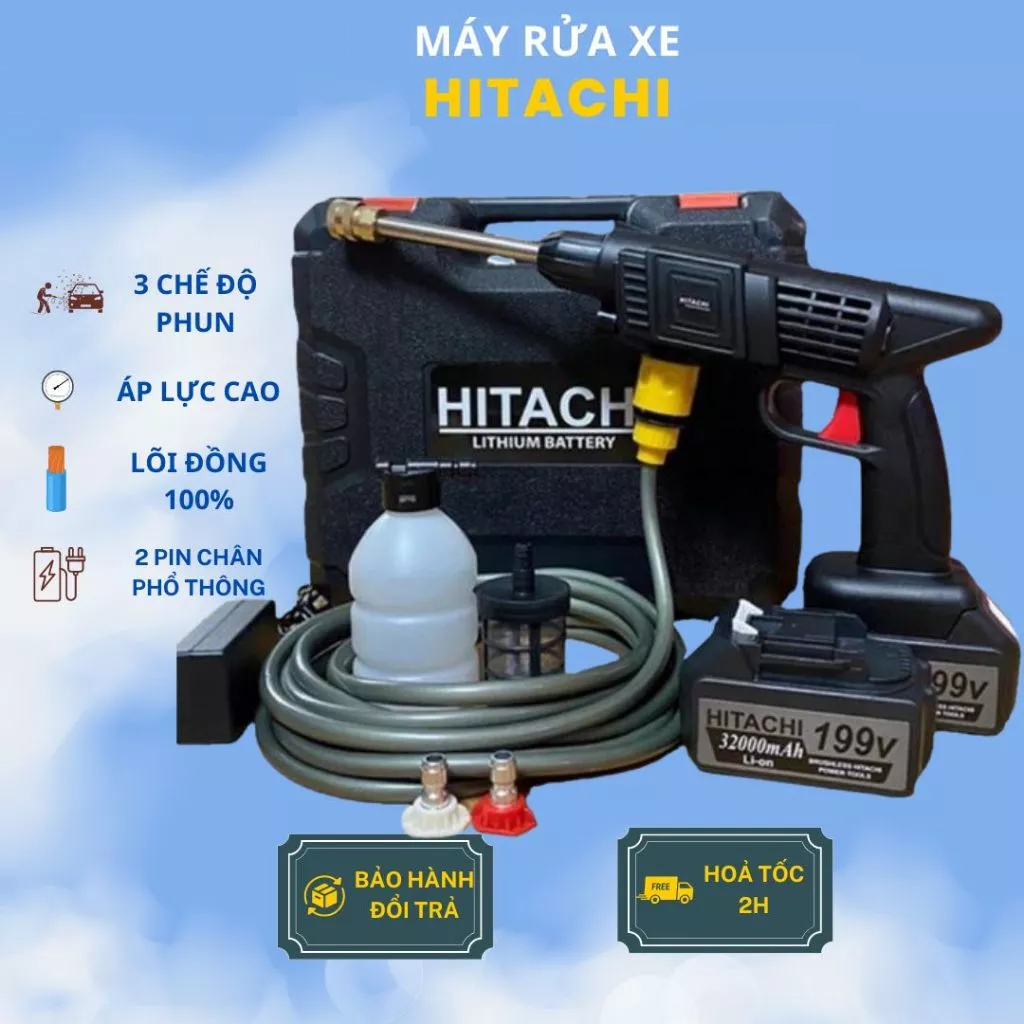 Máy Rửa Xe Hitachi 199V Cầm Tay - Tính Năng Tự Động Tắt và Bộ Lọc Thép Không Gỉ, Áp Lực Nước ...