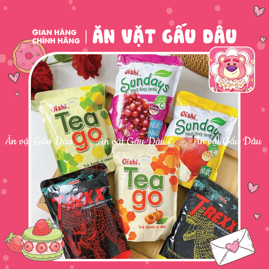 [COMBO 5 TÚI] Nước oishi Tea Go, Sunday, T-Rex vị chanh, đào, táo, nho ...