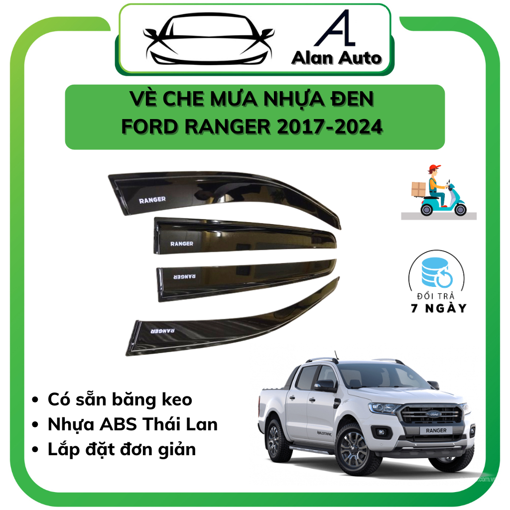 Vè che mưa xe FORD RANGER 2016-2023, Nhựa đen hàng Thái Lan dày cứng ...