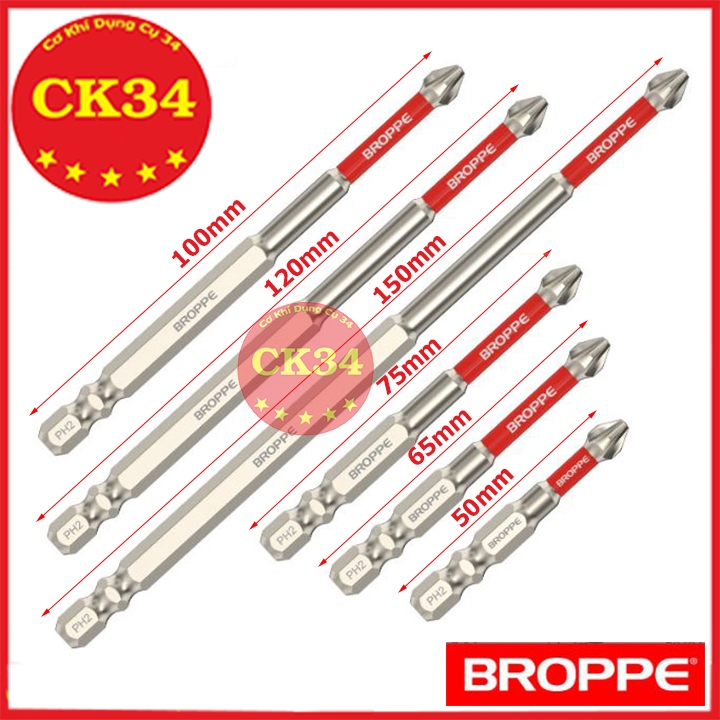 Mũi bắn vít chữ thập PH2 thép không gỉ từ tính hãng BROPPE chân lục giác các kích cỡ 50mm/65mm ...