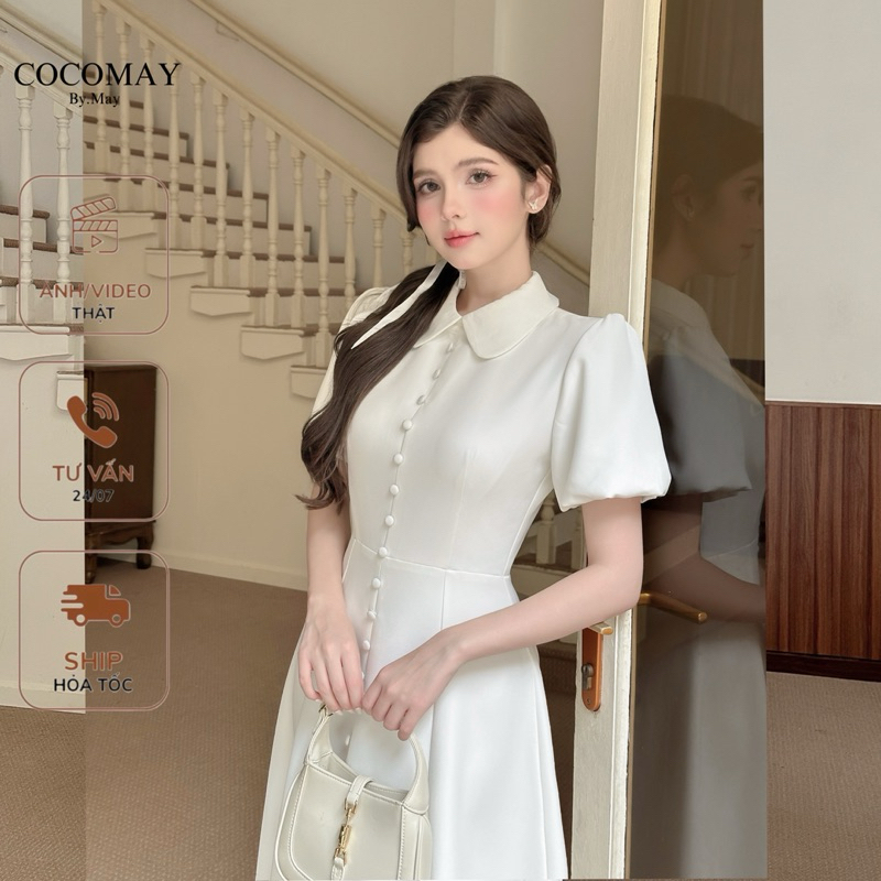 COCOMAY Đầm Maxi MâyMây cổ sen nút bọc tay bồng nhẹ 2 màu Đen / Trắng Nữ Women Dress | Shopee ...