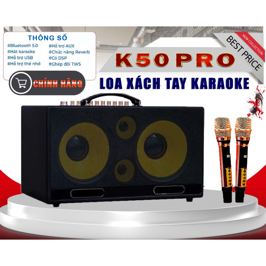 Loa Karaoke Xách Tay K50 Pro,Công suất 750W,Kèm 2 Micro Cao Cấp,2 Bass 20cm,1 Loa Treble,1 Loa ...