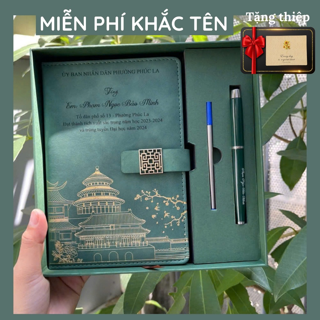 Set Quà tặng Sổ tay bút ký MIỄN PHÍ KHẮC TÊN da PU+ túi hộp sang trọng ...
