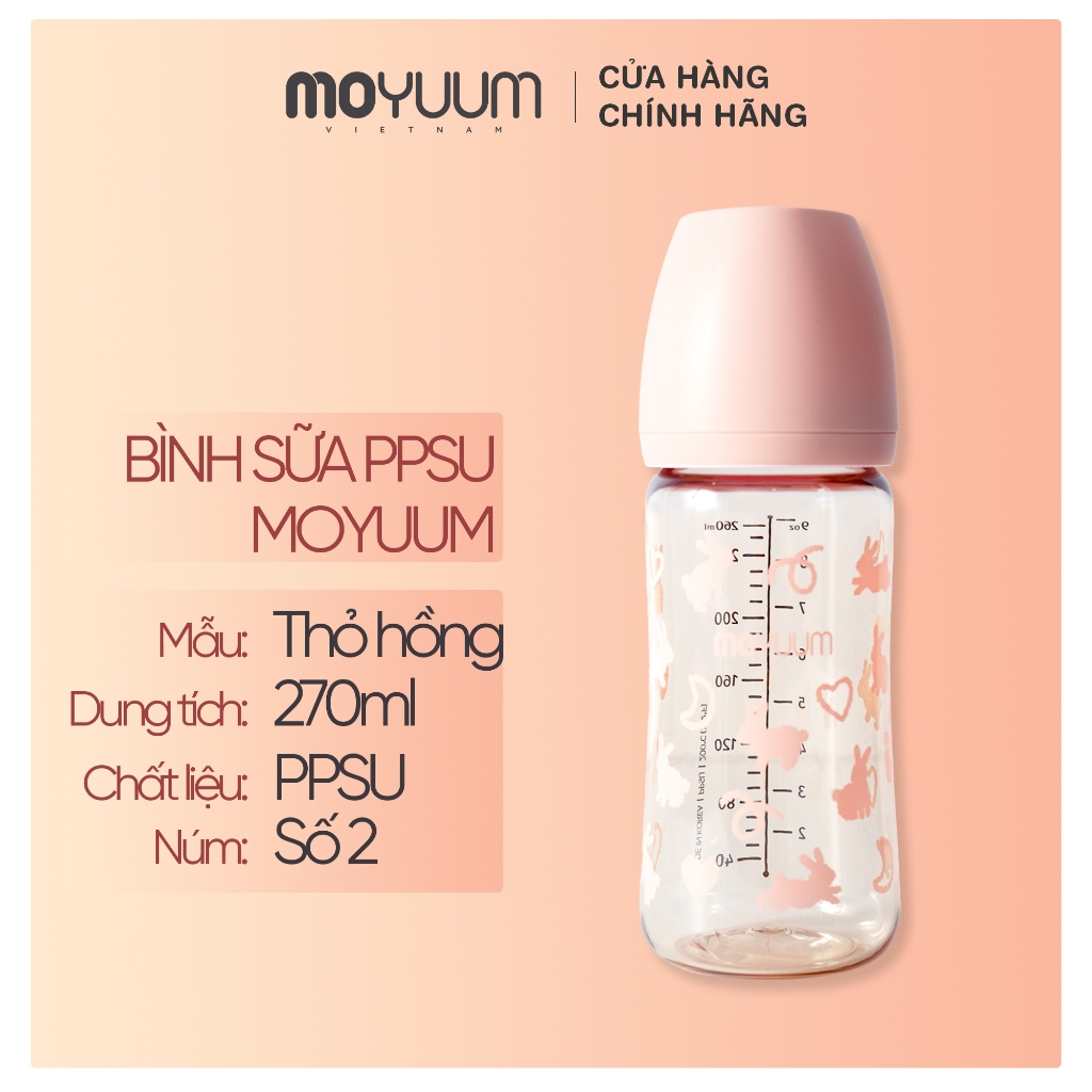 Bình sữa PPSU Moyuum - Thỏ hồng - 270ml - Kèm núm 2 | Shopee Việt Nam