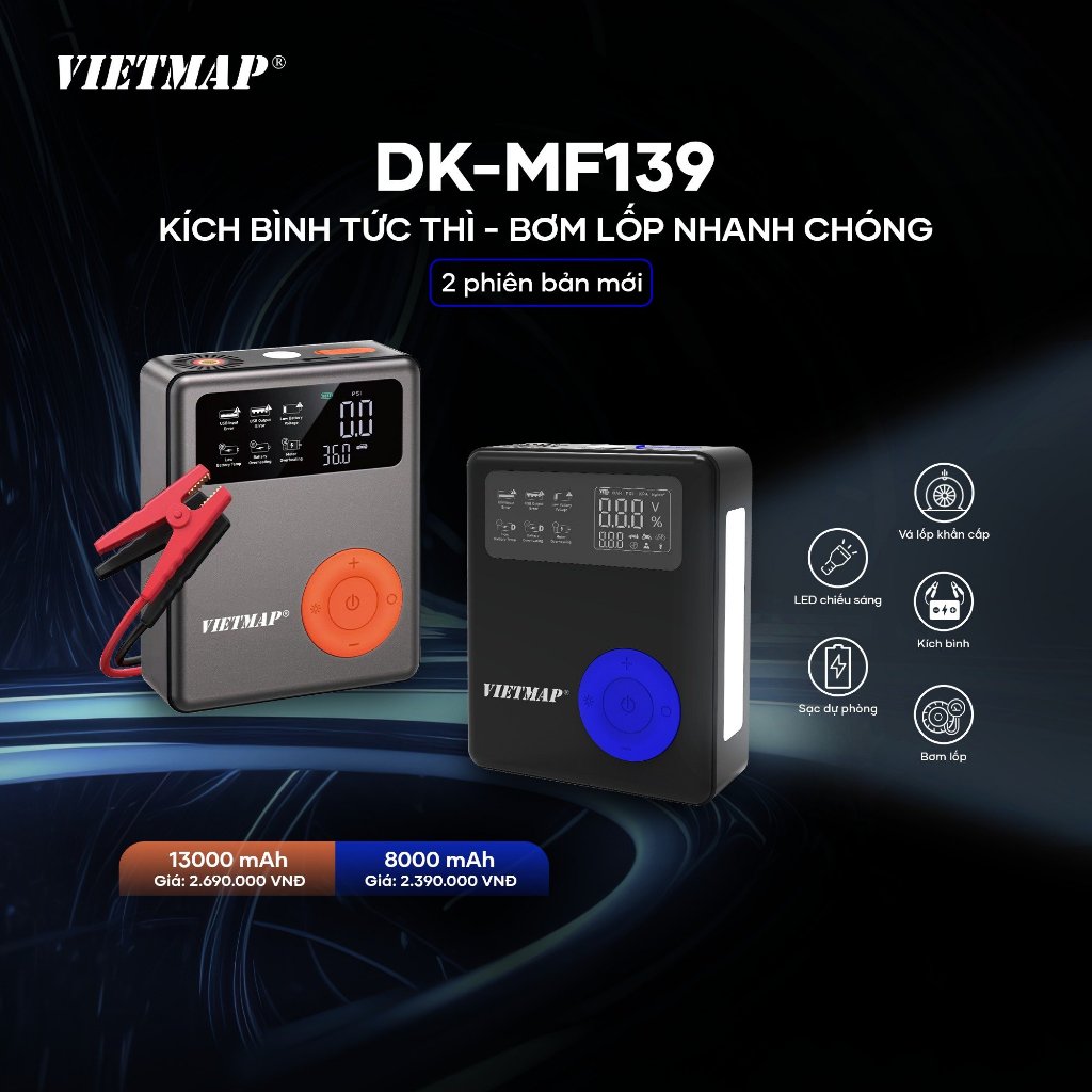 [HÀNG CHÍNH HÃNG] Kích Bình Ắc Quy & Bơm Lốp Vietmap DK-MF139 - Tích hợp đa năng 4 trong 1 ...