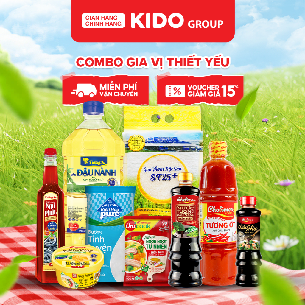 COMBO GIA VỊ THIẾT YẾU: Dầu nành 2L, Gạo ST25 2kg, Hạt nêm Unicook 400g, Đường BH 1kg, Bơ 200g ...
