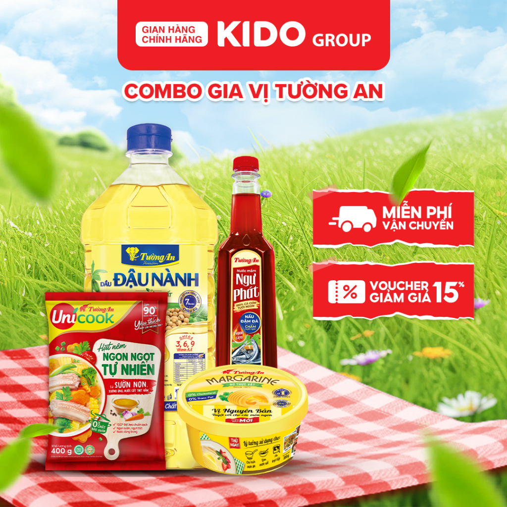 Combo Gia vị Tường An: 1 Dầu Đậu Nành 2L, 1 Hạt Nêm Sườn Non Unicook 400g, 1 Bơ Thực Vật 200G, 1 ...