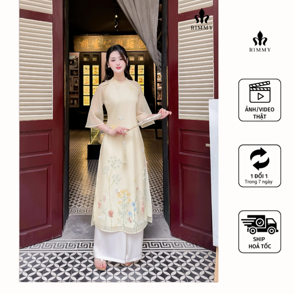 Áo dài vàng mơ thiết kế thêu đính thủ công hoạ tiết hoa cỏ Tết Design ...