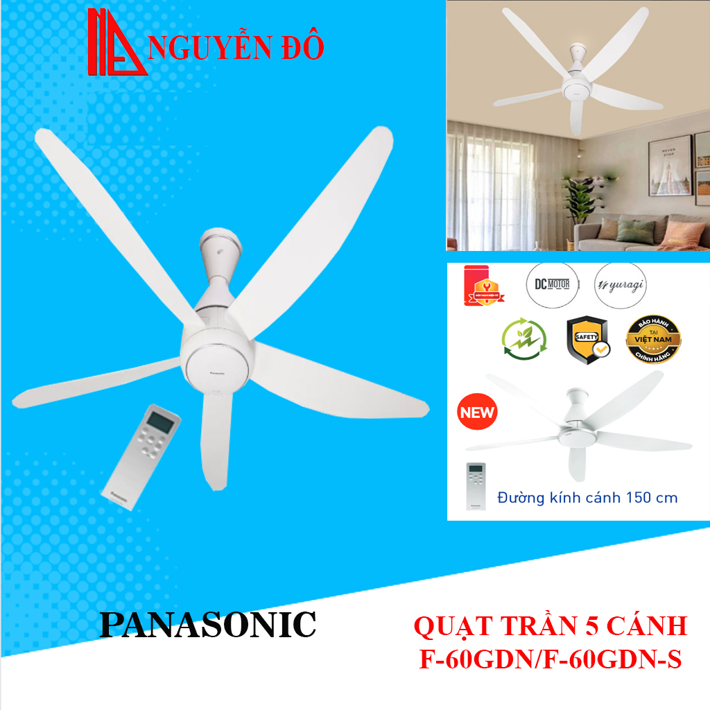 Quạt trần 5 cánh Panasonic F-60GDN màu trắng, công suất 40W , điều khiển bằng Remote động cơ DC ...