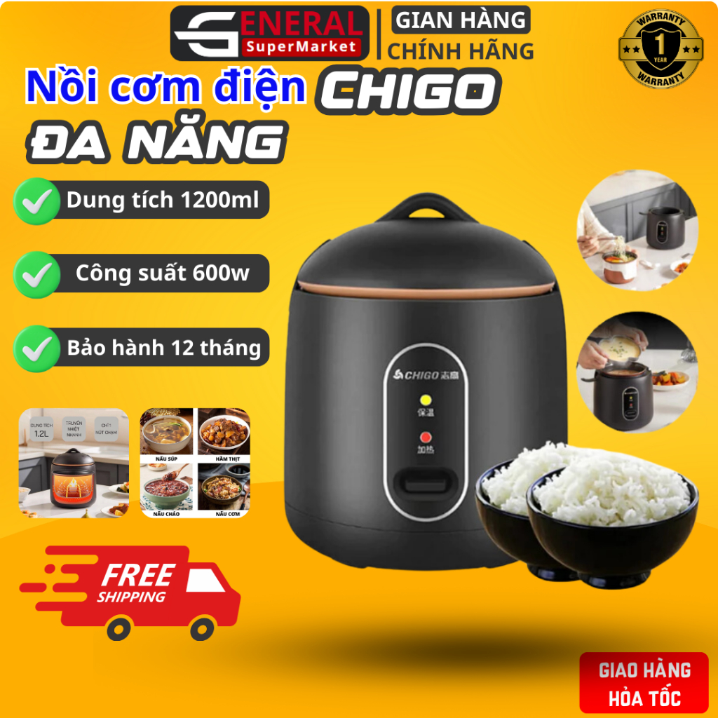 Nồi Cơm Điện Mini Chigo 1,2L Đa Năng Nấu Hầm Súp Cháo , An Toàn Cho Sức Khỏe, Tráng Chống Dính ...