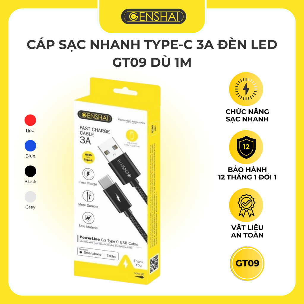 Cáp sạc nhanh Type C 3A đèn led GENSHAI GT09 dù 1m chính hãng | Shopee Việt Nam
