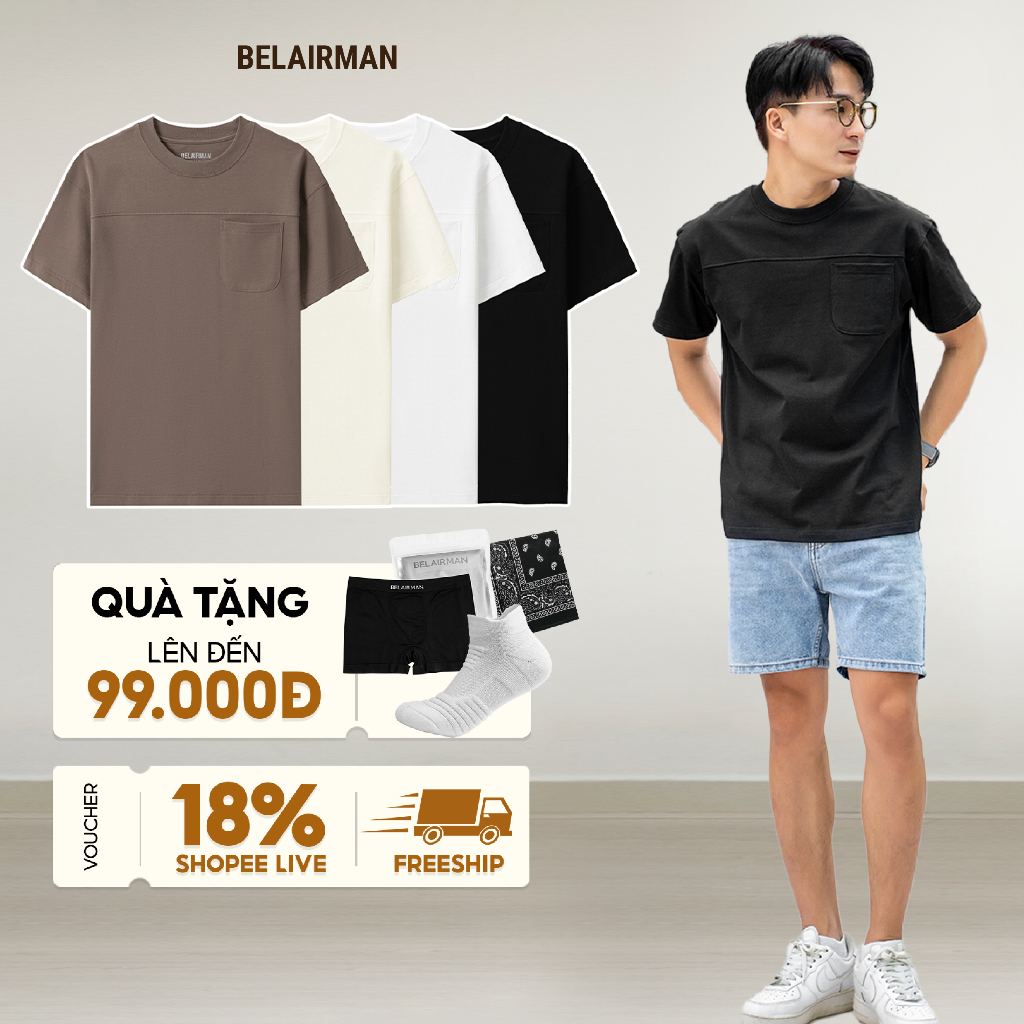 Áo thun nam nữ LAITUS cổ tròn có túi BELAIRMAN vải cotton 100% với ...
