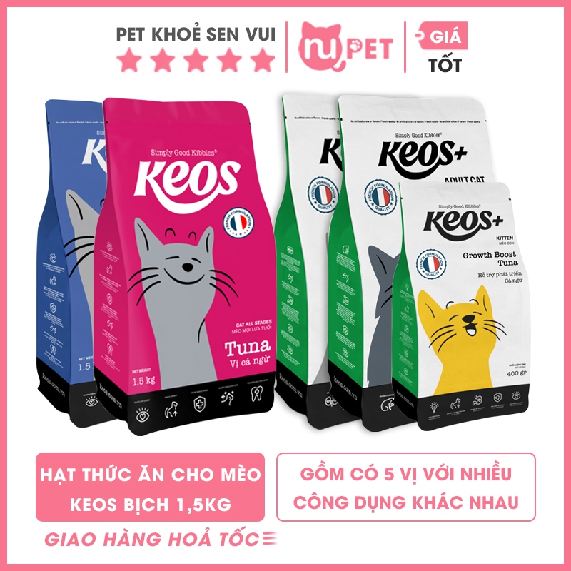 [Tặng 1 bịch pate cho bịch 1,5kg] Thức ăn hạt Keos cho mèo và Keos Plus bịch 1,5kg - Dành cho ...