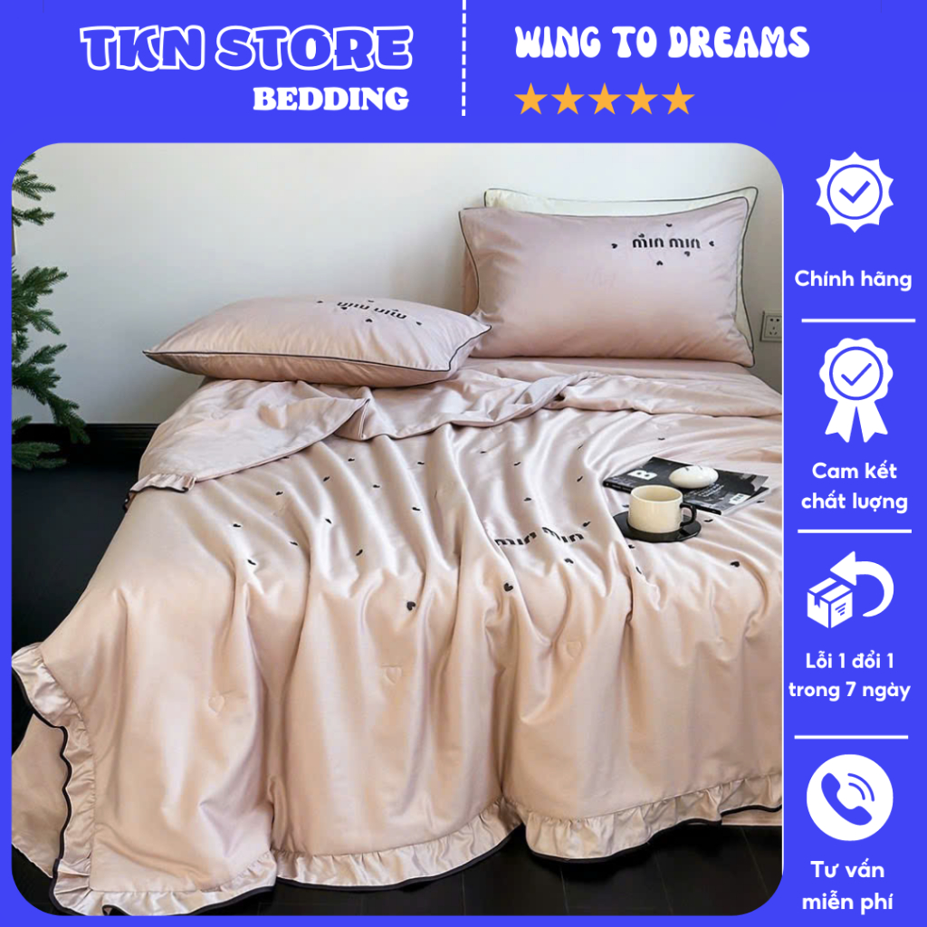 Bộ 4 món chăn ga gối Phi lụa viền bèo MinMin thêu tim đẹp xuất sắc , chất liệu vải mềm mịn ...