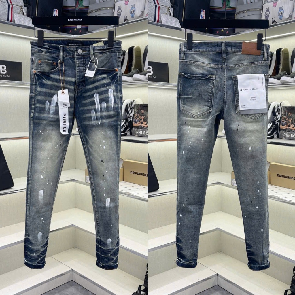 Quần jean bò nam Purple skinny wash xanh bụi mài trơn vảy sơn dập nhăn ...