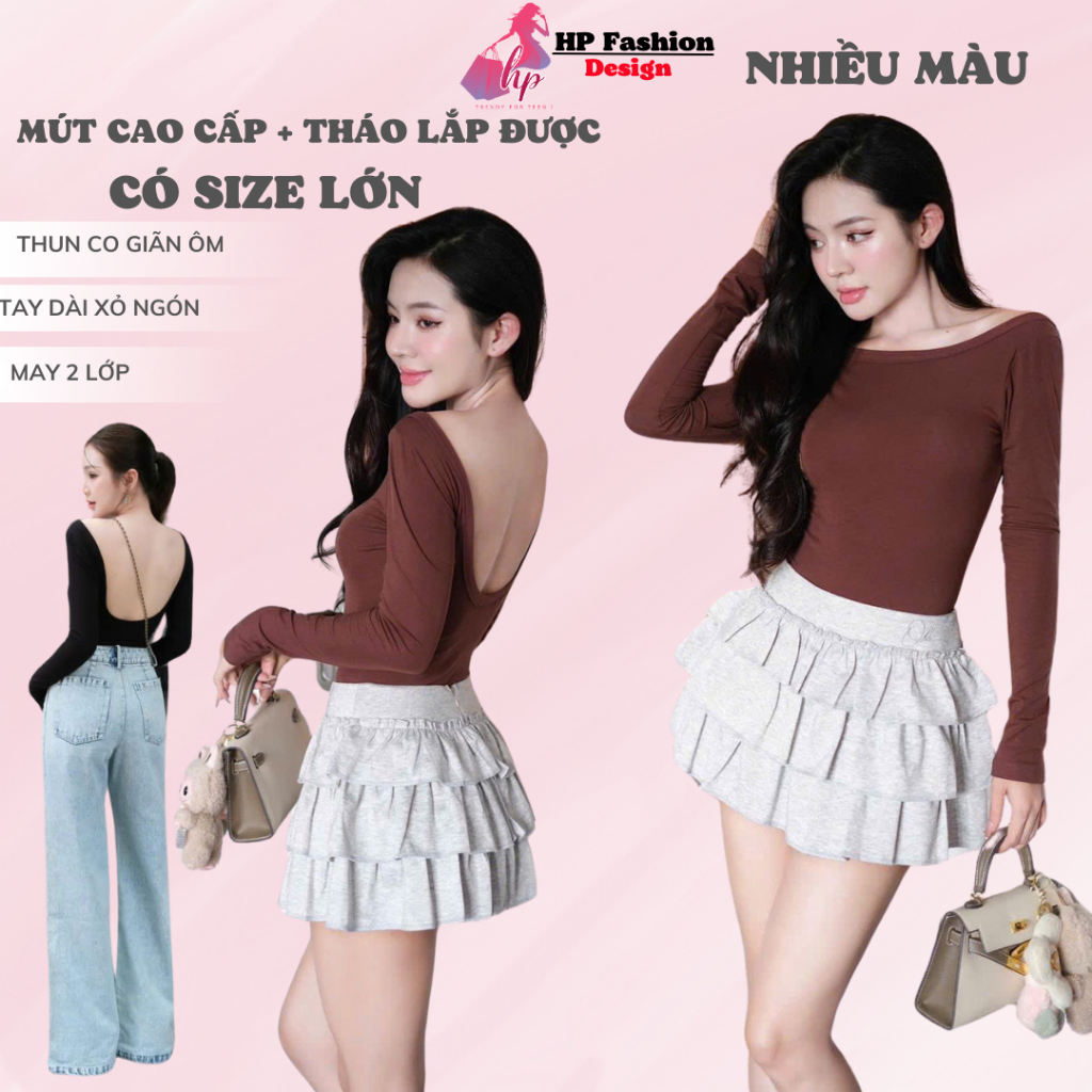 Áo thun dài tay hở lưng ôm body, áo kiểu nữ màu đen trắng co giãn hàn ...