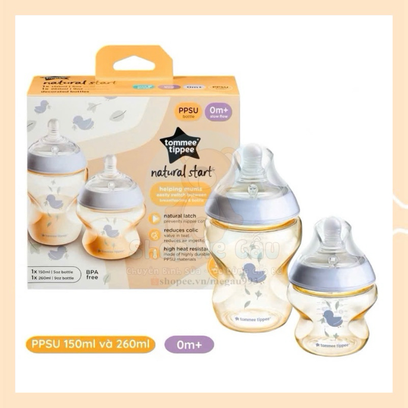 [Bình Tách Set Không Hộp] Bình Sữa Tommee Tippee Hoạ Tiết Xanh PPSU - 150ml & 260ml Kèm Núm Ti ...