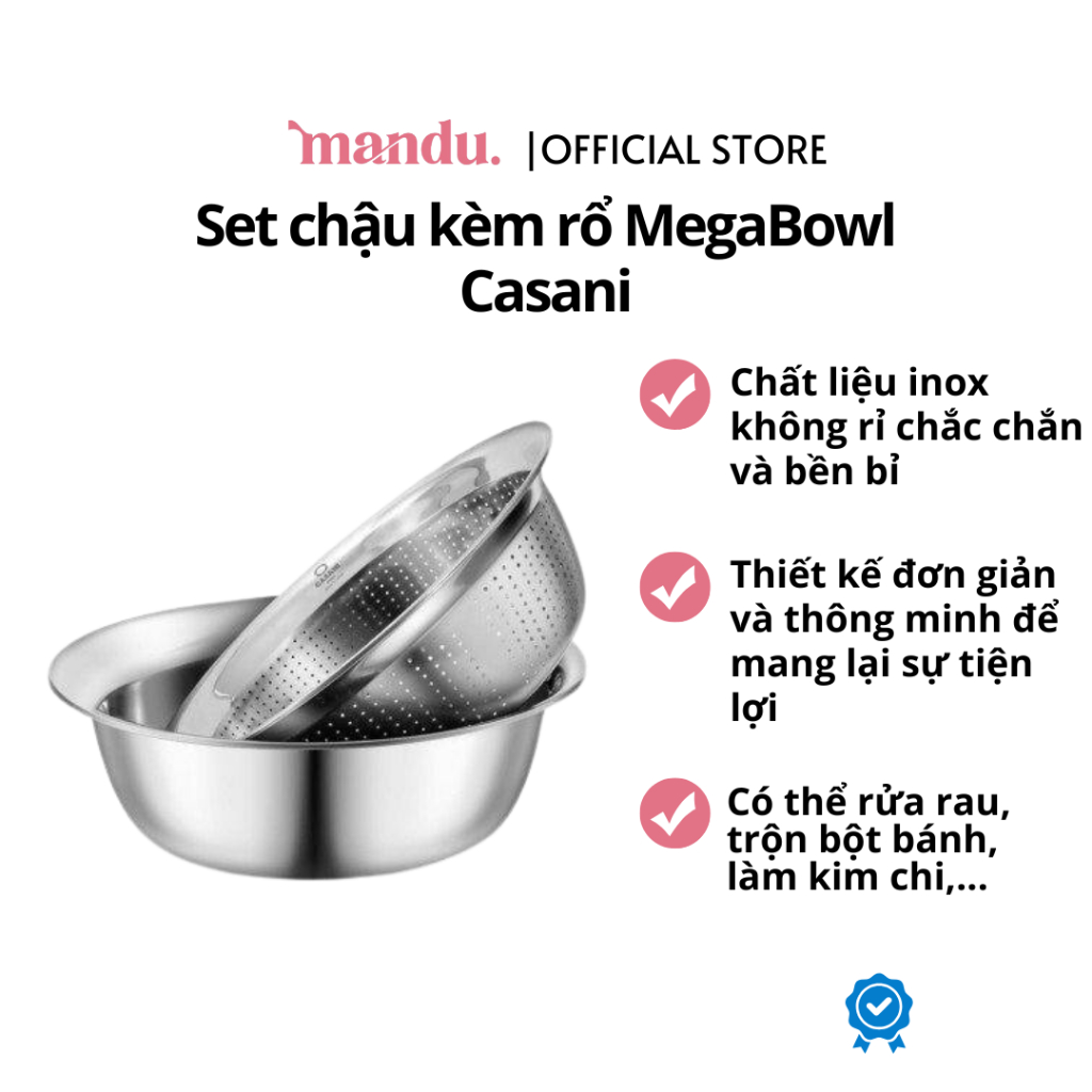 Bộ rổ chậu inox Casani Mega Bowl 40cm, hàng nội địa Hàn Quốc, thép ...