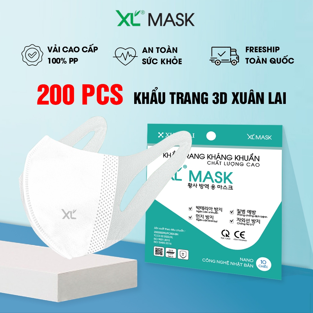 Thùng 200 cái Khẩu trang 3D Xuân Lai 3 lớp túi ZIP kháng khuẩn chống ...