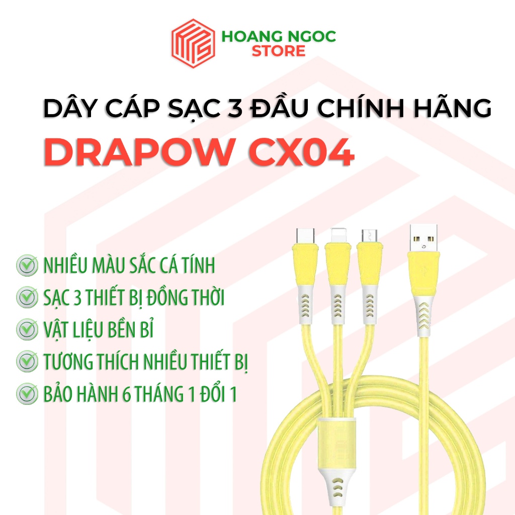 Dây cáp sạc 3 đầu chính hãng Drapow CX04, tương thích nhiều thiết bị. Bảo hành 6 tháng | Shopee ...