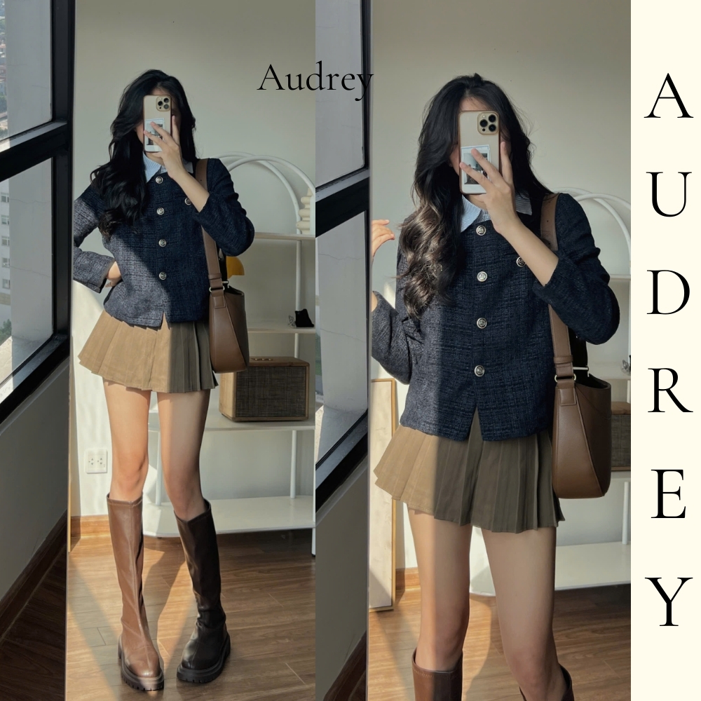 K648 Áo khoác dạ tweed khuy đồng có độn vai Audrey | Shopee Việt Nam