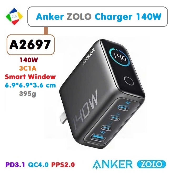 Củ Sạc Anker Zolo Charger 140W A2697 3C1A GaN 5.0 | PD3.1 QC PPS 2.0 | Smart Window ( Màn Hình ...