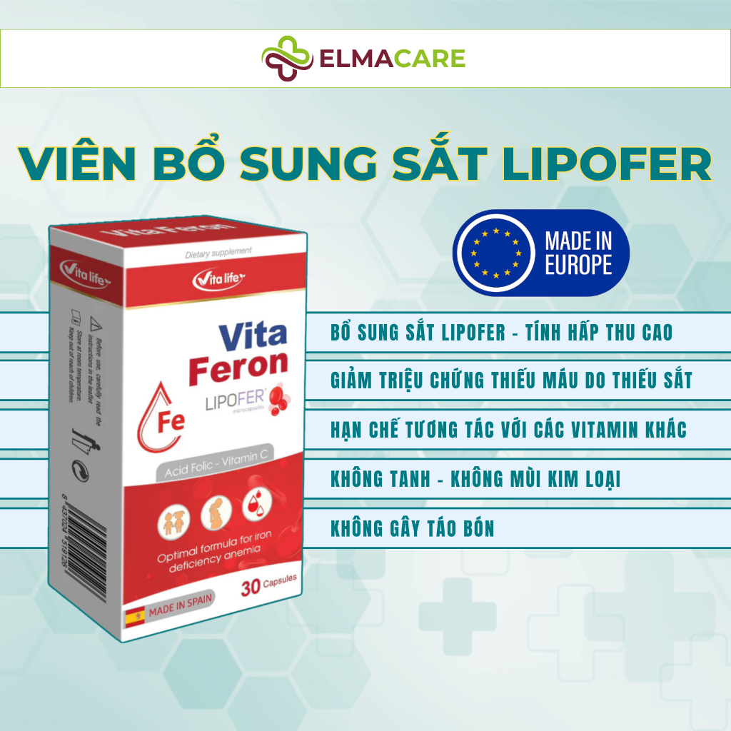 Viên sắt hữu cơ Vita Feron bổ sung sắt Lipofer dễ hấp thu và Vitamin, không tanh không gây táo ...