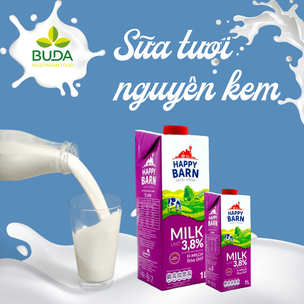 Sữa tươi nguyên kem không chứa đường Happy Barn 3,8% độ béo - 1 lít/hộp ...