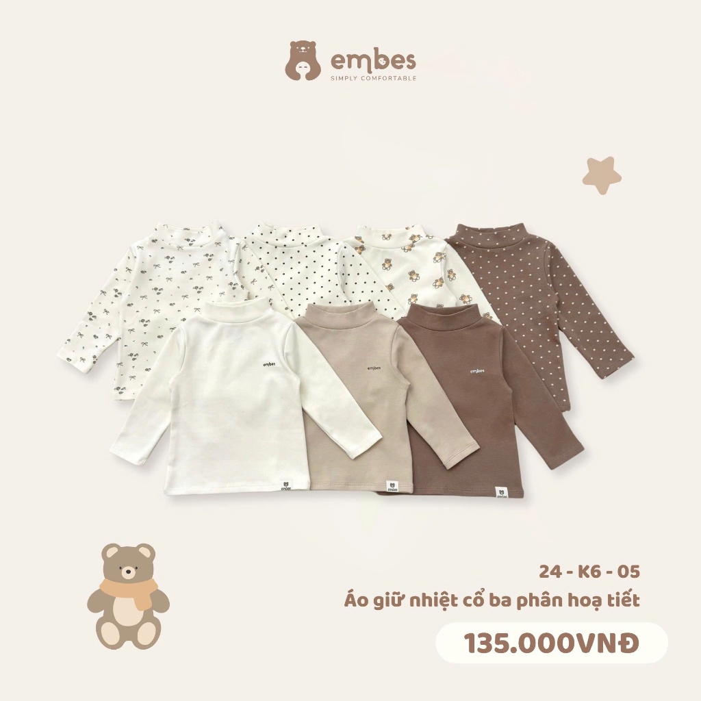 Áo Giữ Nhiệt Cho Bé Embes, Áo Dài Tay Cổ 3 Phân Chất Cotton Mềm Cho Bé ...