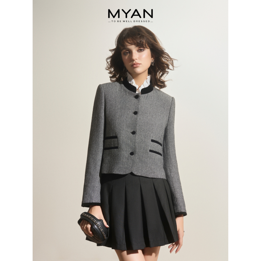 MYAN DESIGN Áo Khoác Dạ Phối Nhung Dáng Ngắn Chi Tiết Cúc Dọc Nắp Túi ...