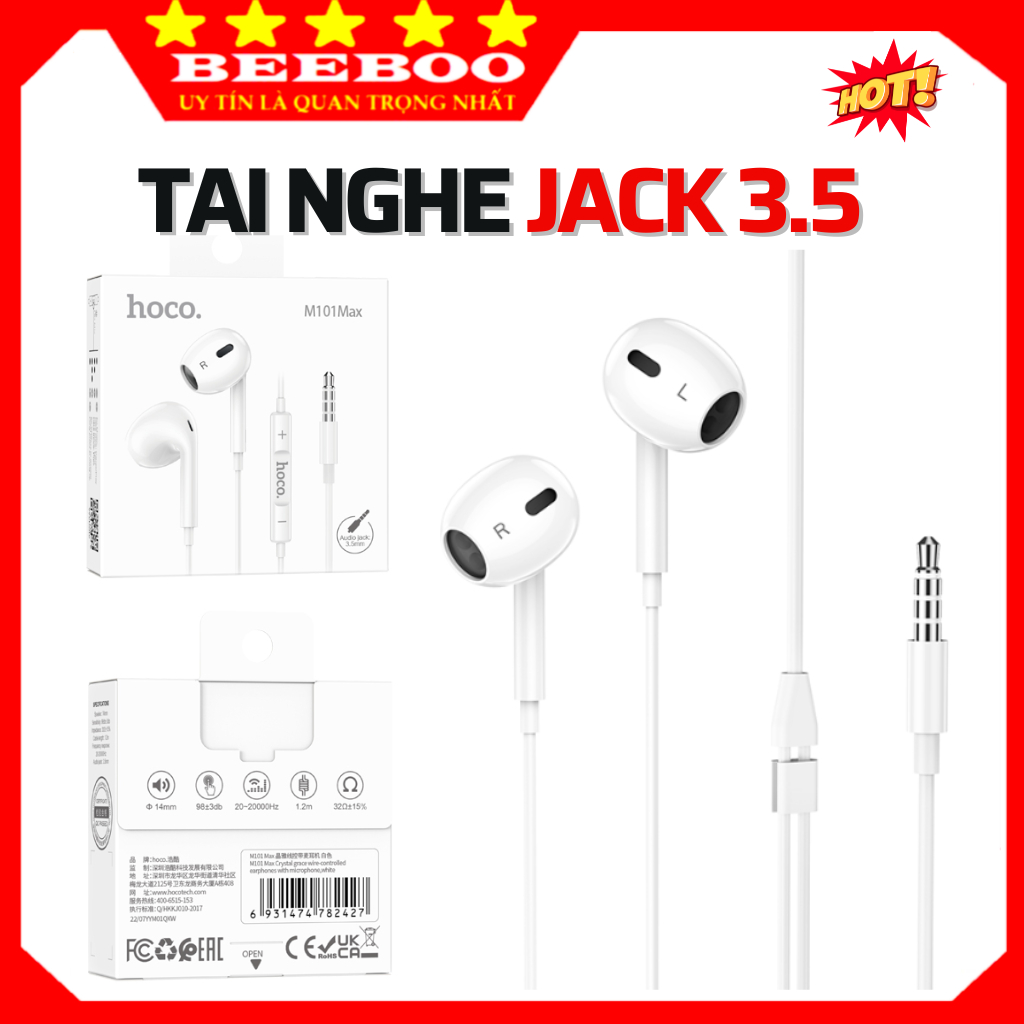 Tai nghe dây Hoco M101 Max Jack 3.5 - Hàng chính hãng âm bass to rõ, có mic đàm thoại [BeeBoo ...