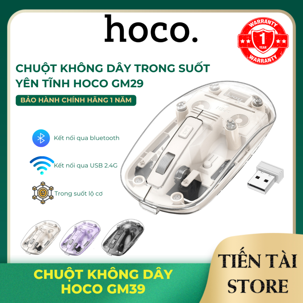 Chuột không dây trong suốt Hoco GM29, siêu yên tĩnh, DPI 800/1200/1600 ...