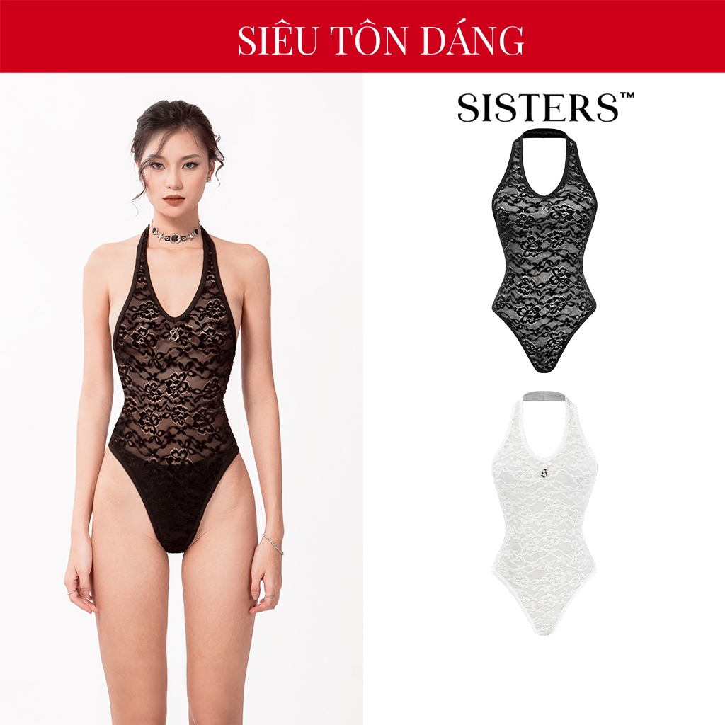 Bodysuit nữ ren xuyên thấu cổ yếm SISTERS màu đen, trắng có khuy bấm tiện lợi siêu tôn dáng Rosy ...