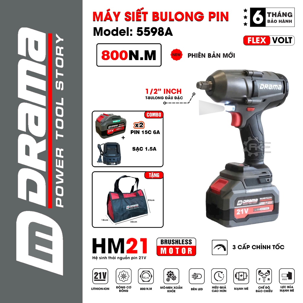 Máy siết bulong pin DRAMA 5598A, 800Nm, Động cơ Không chổi than, 3 Tốc độ, Đầu T bulong đặc ...