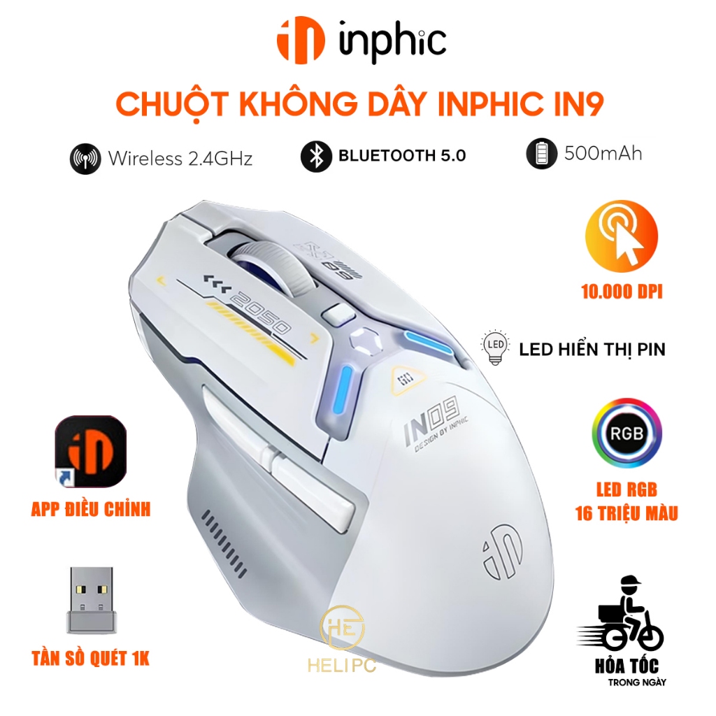 Chuột Bluetooth không dây Gaming Inphic IN9 DPI 10000 3 chế độ kết nối ...